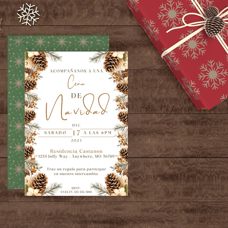 Invitación Navideña Spanish, Pinecones, Dinner Invite, Party, Intercambio, Editable, Canva ...