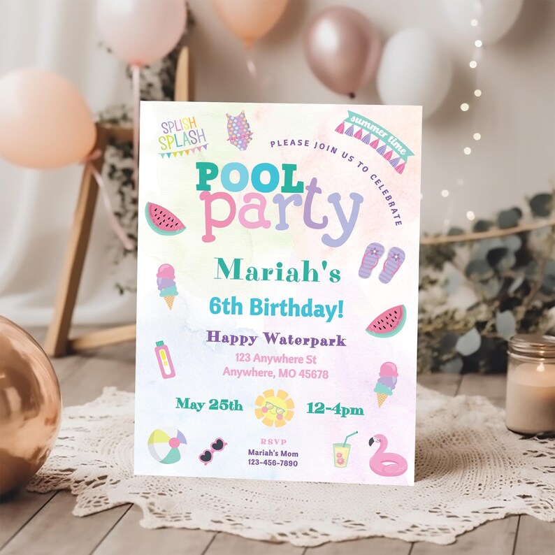 6th Birthday Pool Party Invitation, Printable Invitation, Swim Party ...