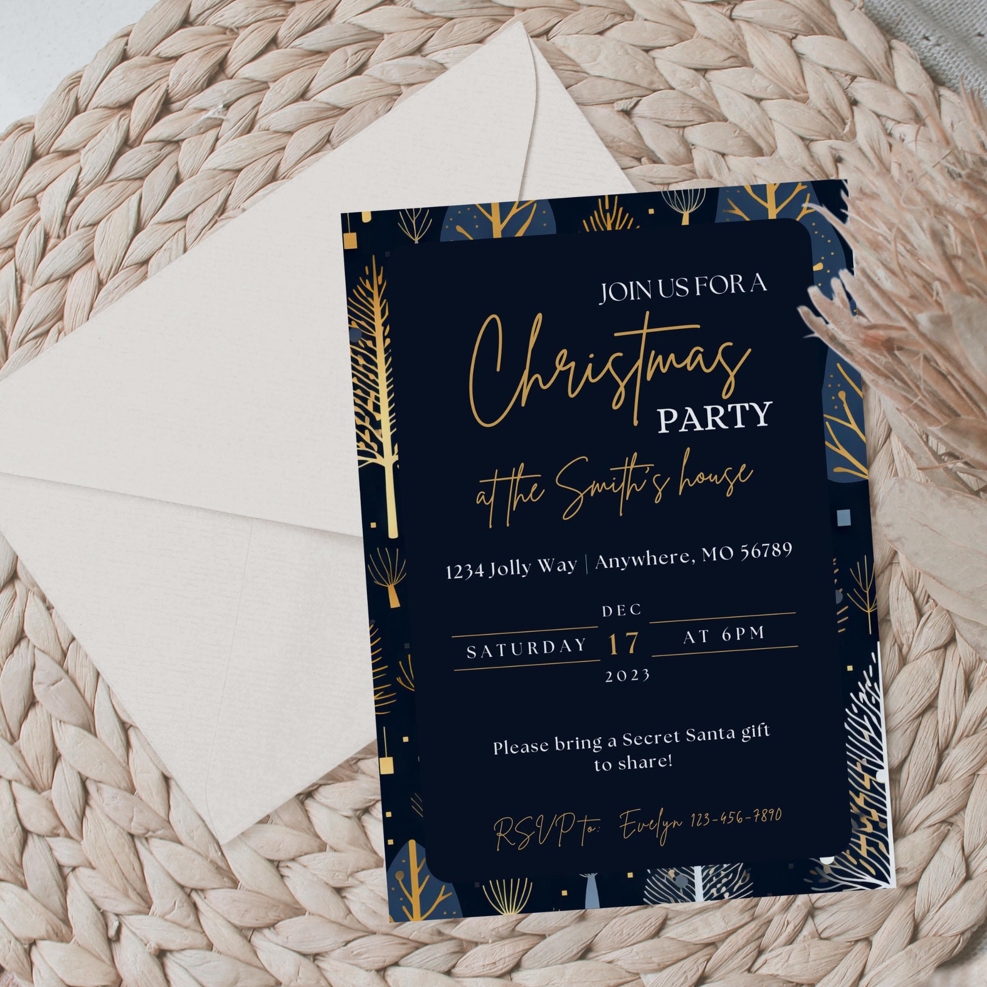 Navy Blue Christmas Invitation Template, Canva Template, Gold, Editable ...