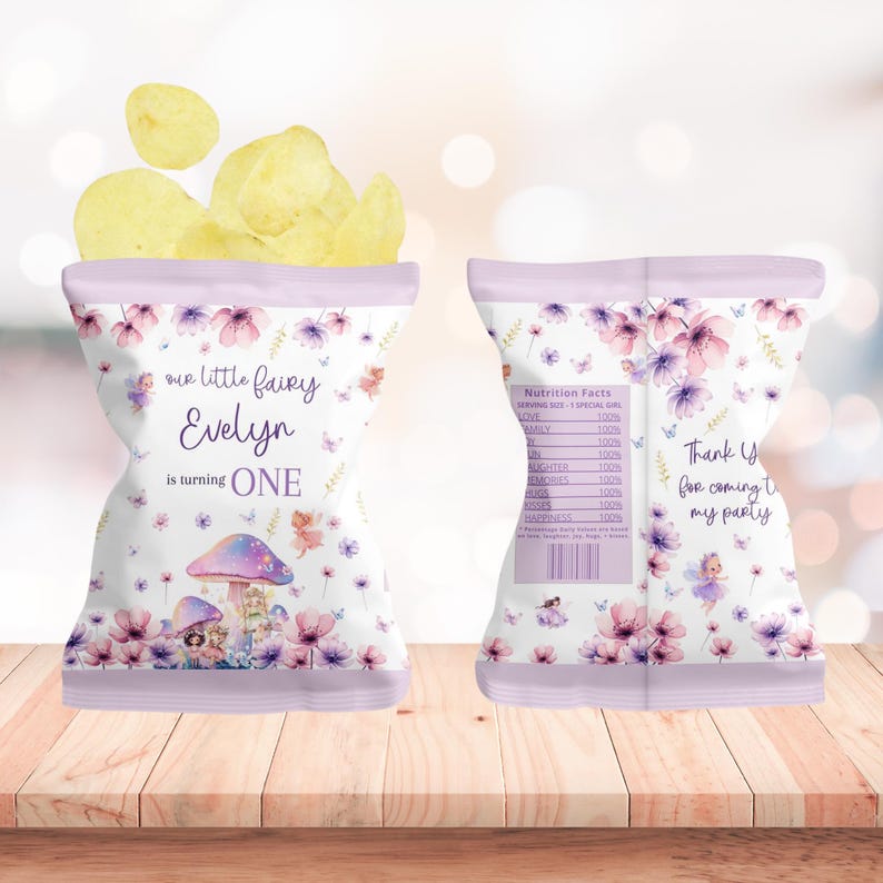 Editable Fairy 1st Birthday Chip Bag Template, Party Favors, Purple ...