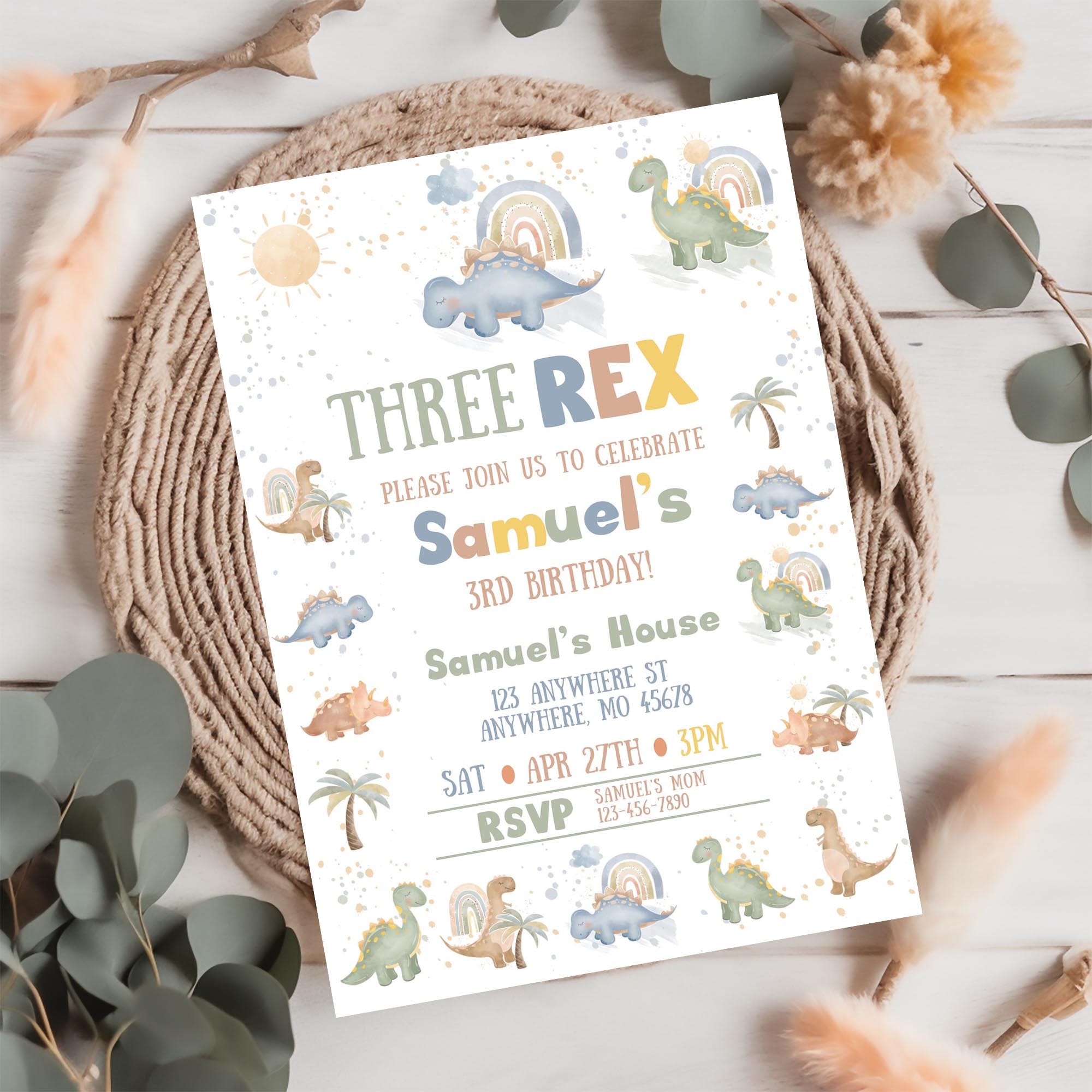 Three Rex Birthday Invitation, Dinosaur Birthday, Boy Dino Birthday ...
