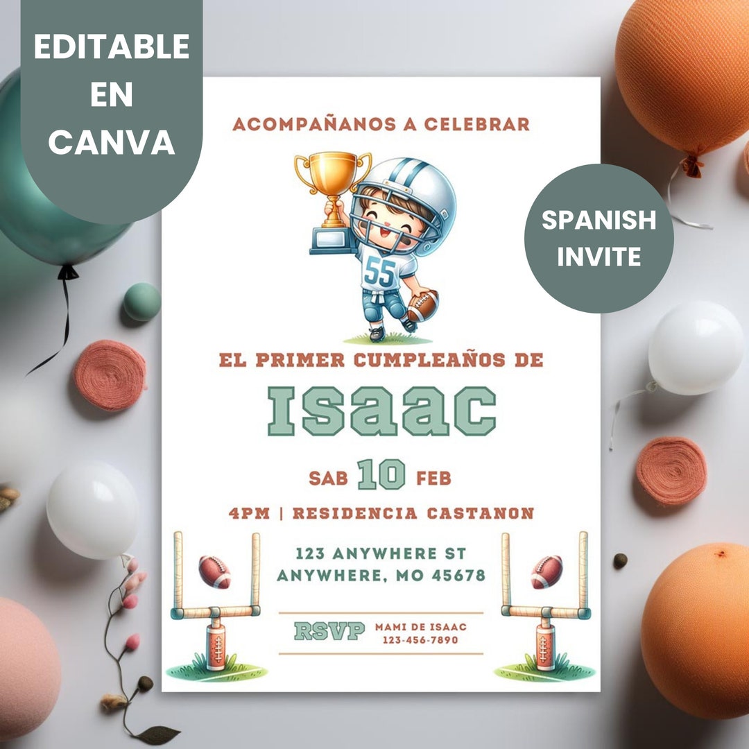 Spanish First Year Down Birthday Invite, Boy Football Invite, Sport ...