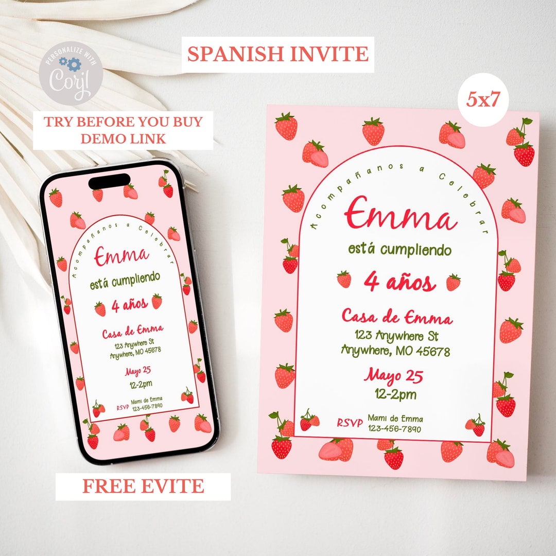 Spanish Girl Strawberry Birthday Invitation, 4th Birthday, Any Age ...