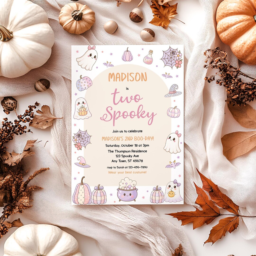 Two Spooky Birthday Invitation, Pastel Halloween Birthday Invitation ...