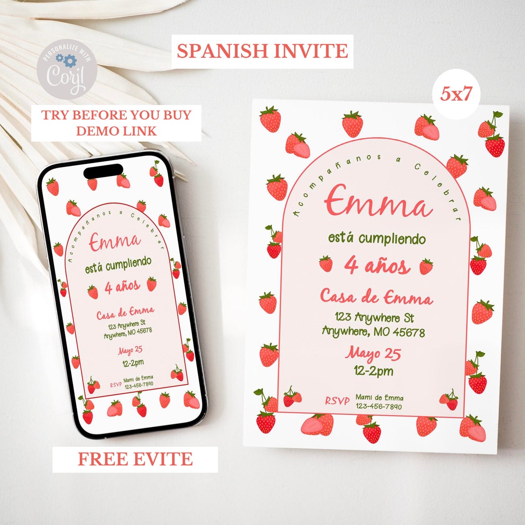 Spanish Strawberry Theme Birthday Invite, Girl Strawberry Birthday ...
