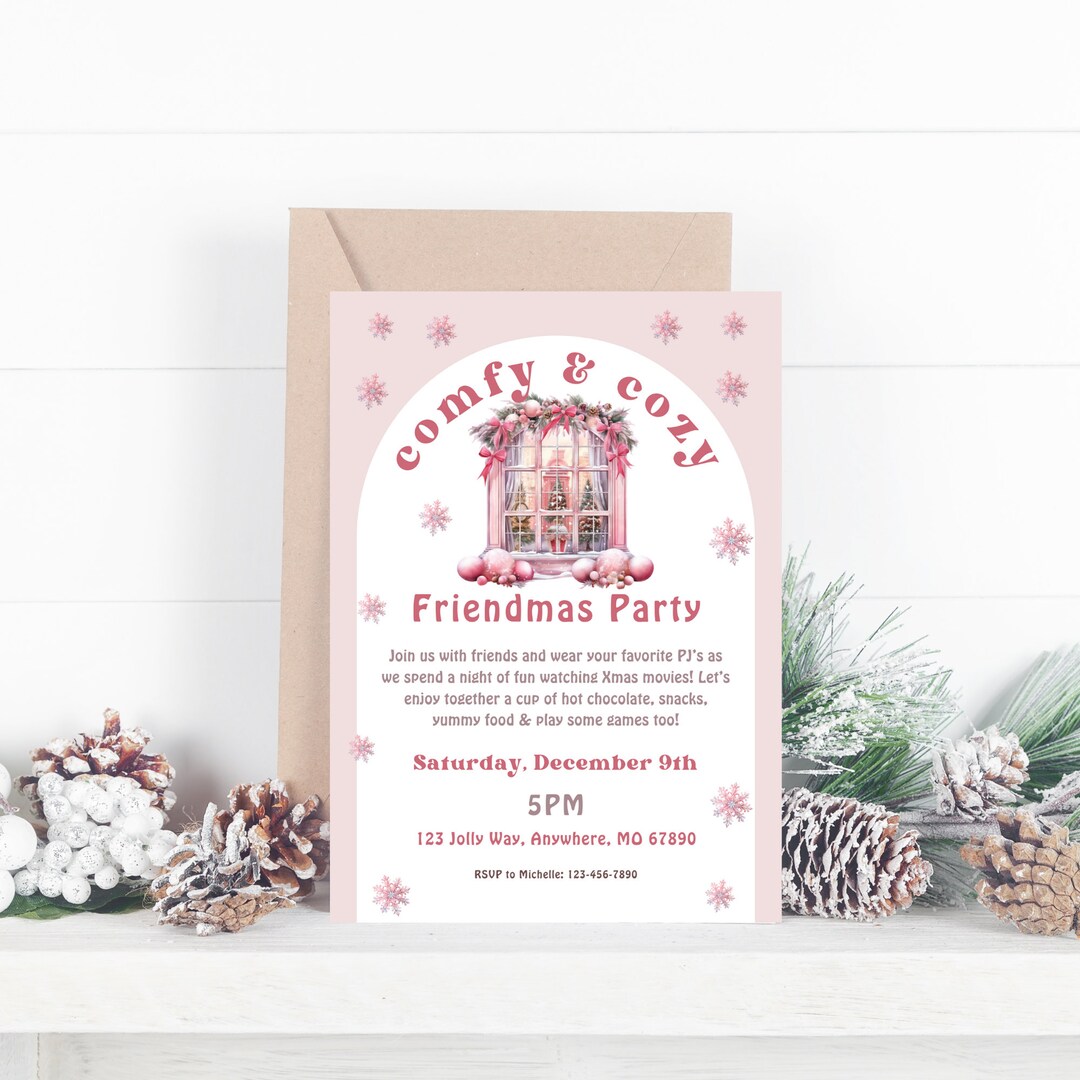 Comfy and Cozy Pink Invitation, Pajama Party, Friendmas Party, Canva ...