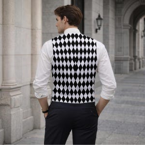 Black White Harlequin Jester Vest, Clown Sleeveless Jacket, Halloween ...