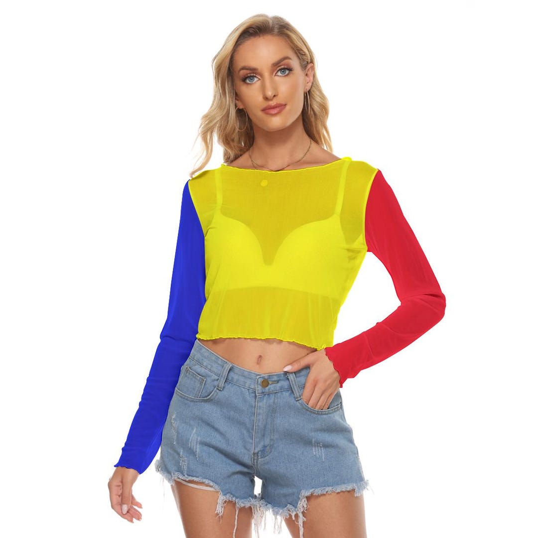Retro Color Block Crop Top, Clowncore Sheer Mesh Shirt, See Through ...