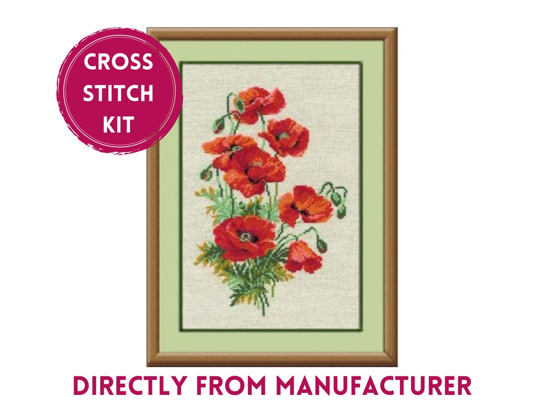 Counted Cross Stitch Kit Wild Poppies on Flaxen Fabric, No. 808, Floral ...