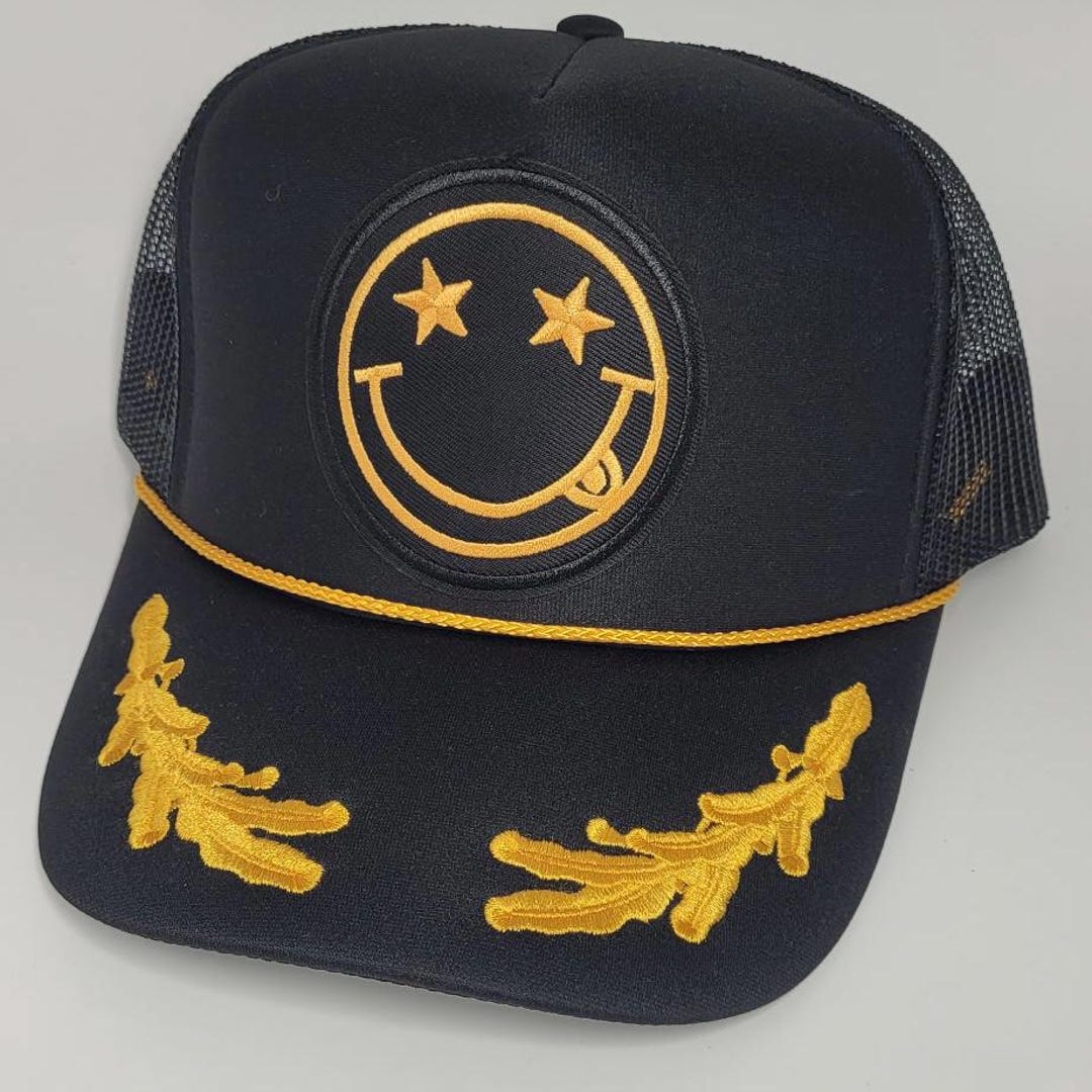 Gold Embroidered Smiley Face Trucker Hat – Star Eyes, Tongue Out ...