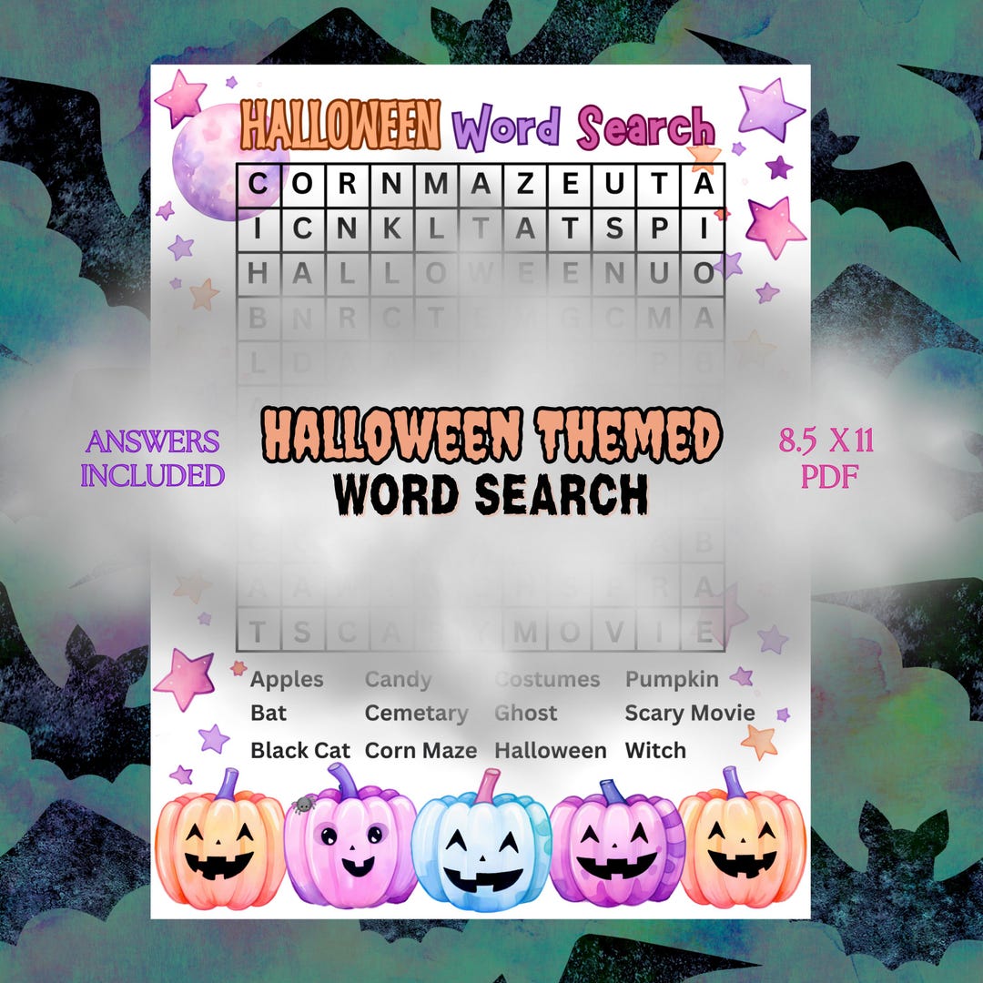 Halloween Word Search Fall Party Printable Puzzle Game Activity for ...