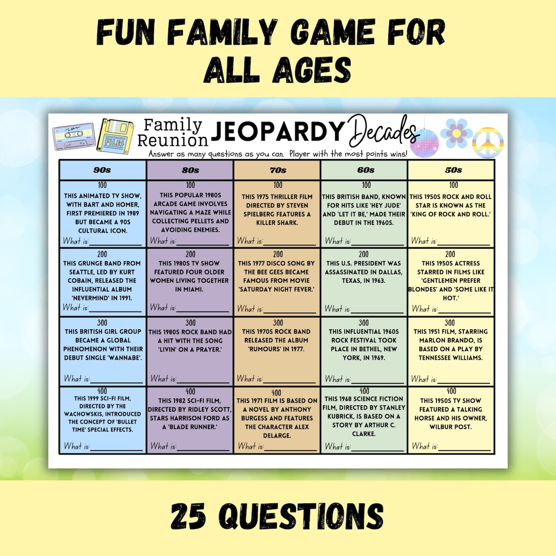 Family Reunion Jeopardy Trivia Game for All Ages - Decades Edition ...