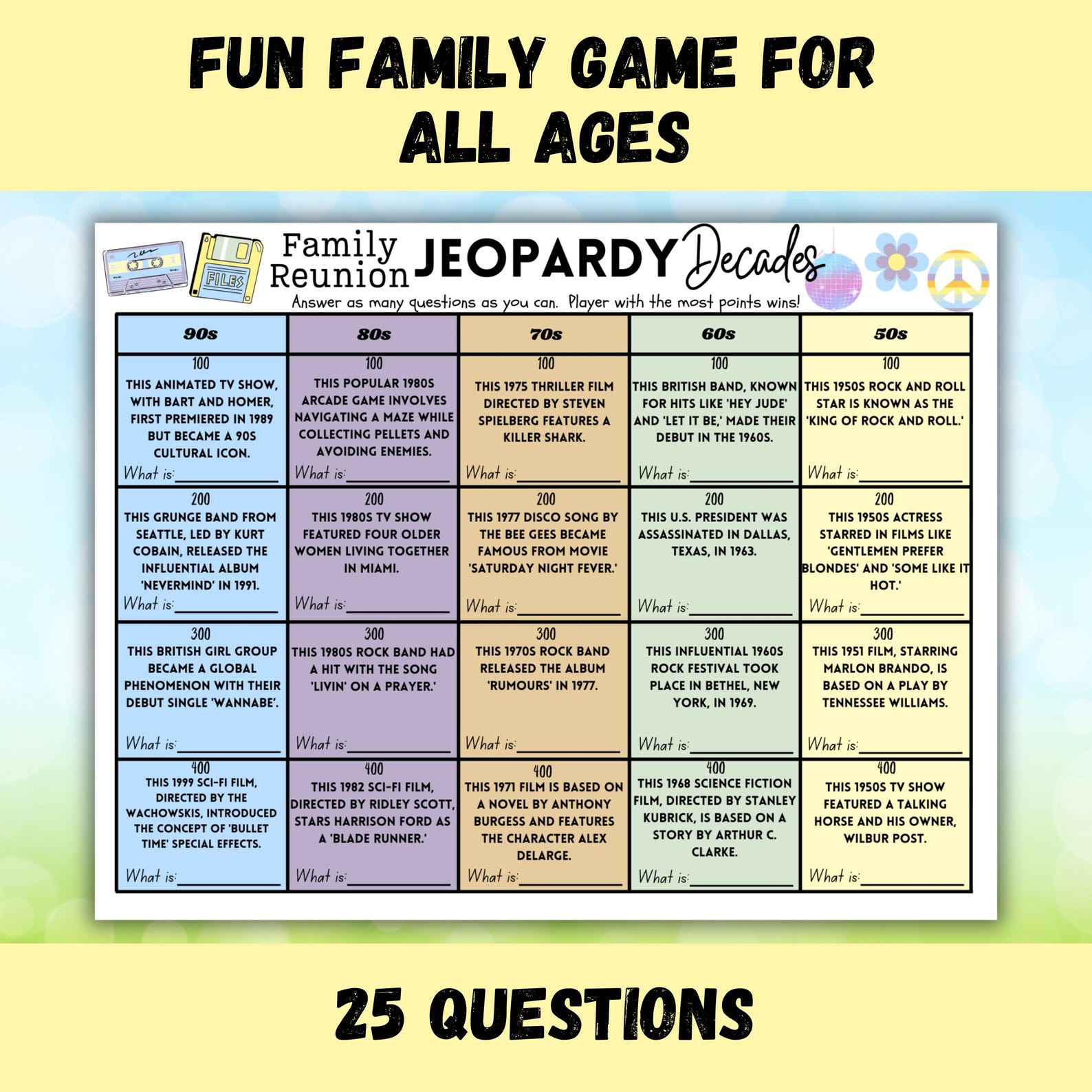 Family Reunion Jeopardy Trivia Game for All Ages - Decades Edition ...