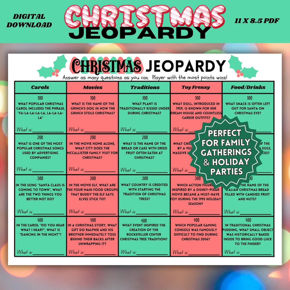 Christmas Jeopardy Printable for Family Reunion Games or Fun Christmas ...