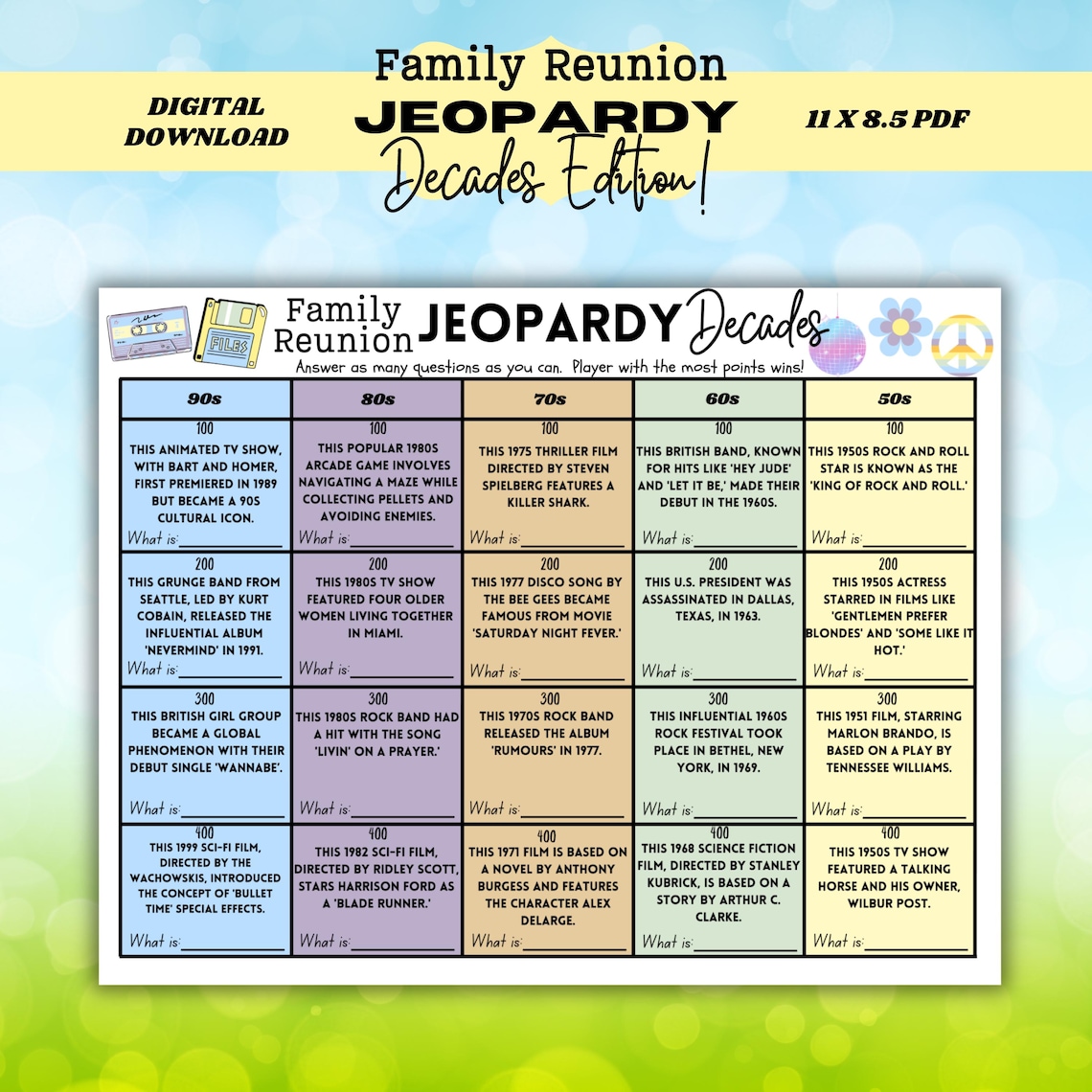Family Reunion Jeopardy Trivia Game for All Ages - Decades Edition ...