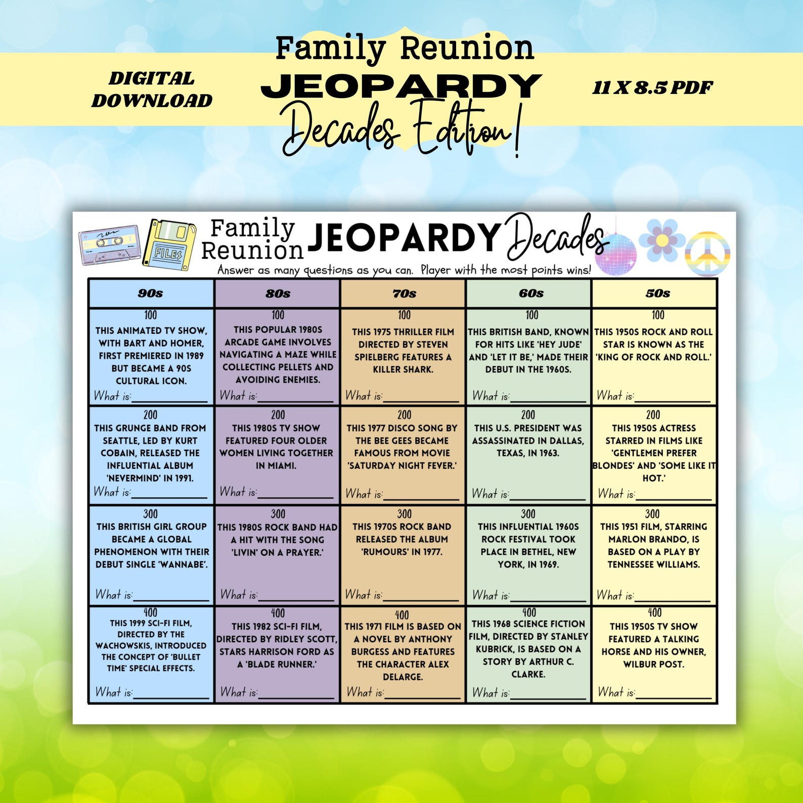 Family Reunion Jeopardy Trivia Game for All Ages - Decades Edition ...