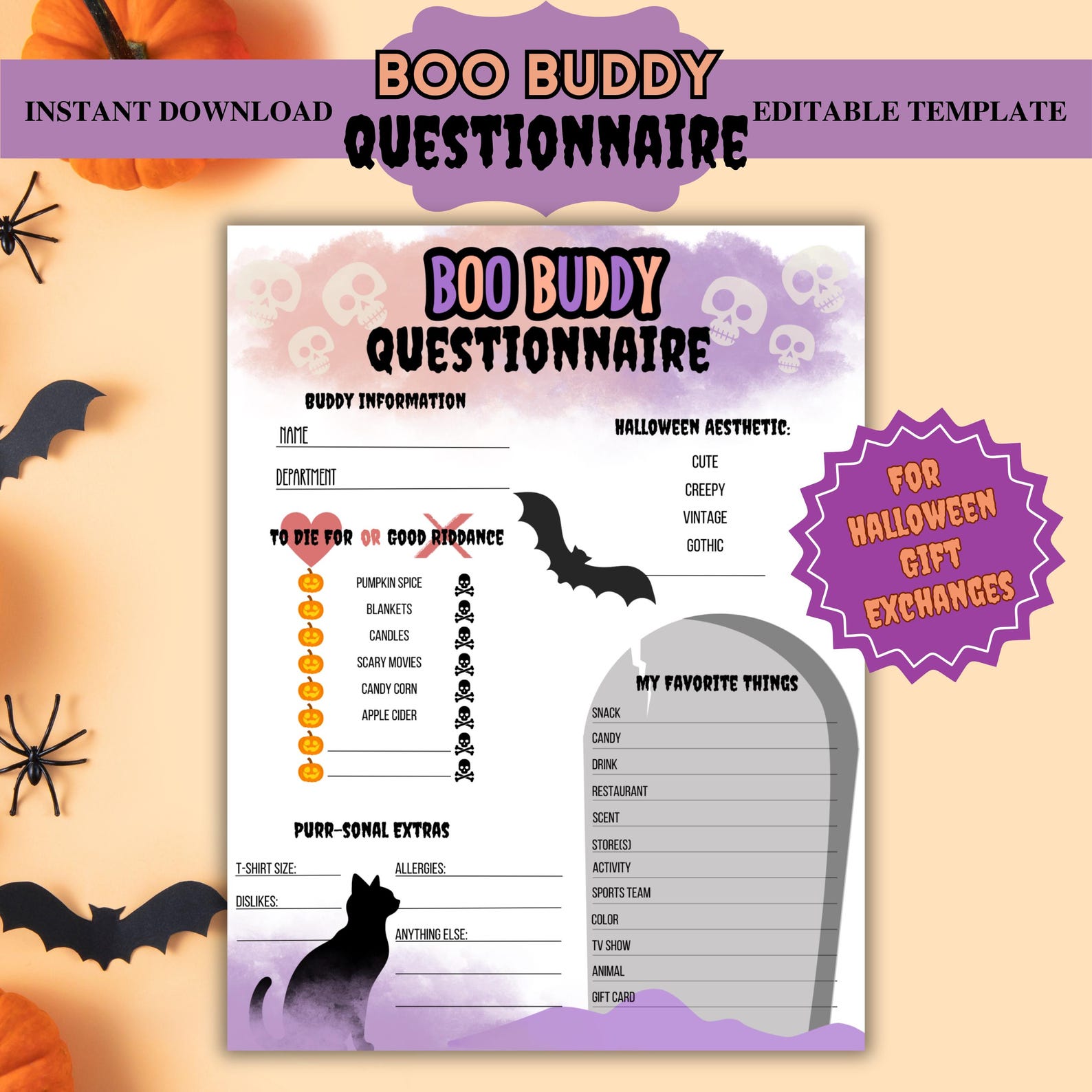 Boo Buddy Questionnaire Printable for Spooky Gift Exchange Questions ...