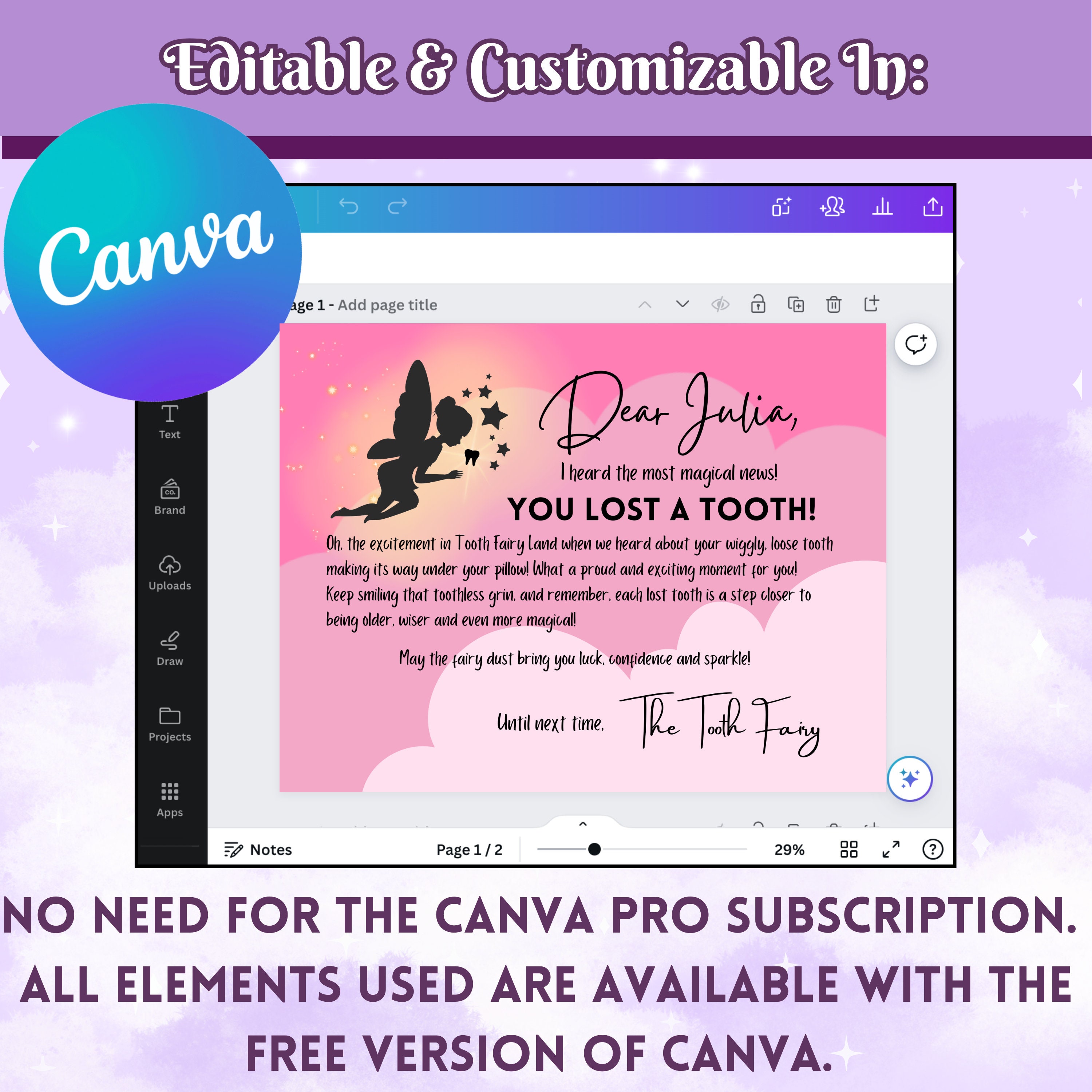 Tooth Fairy Letter to Celebrate First Lost Tooth, Personalized ...