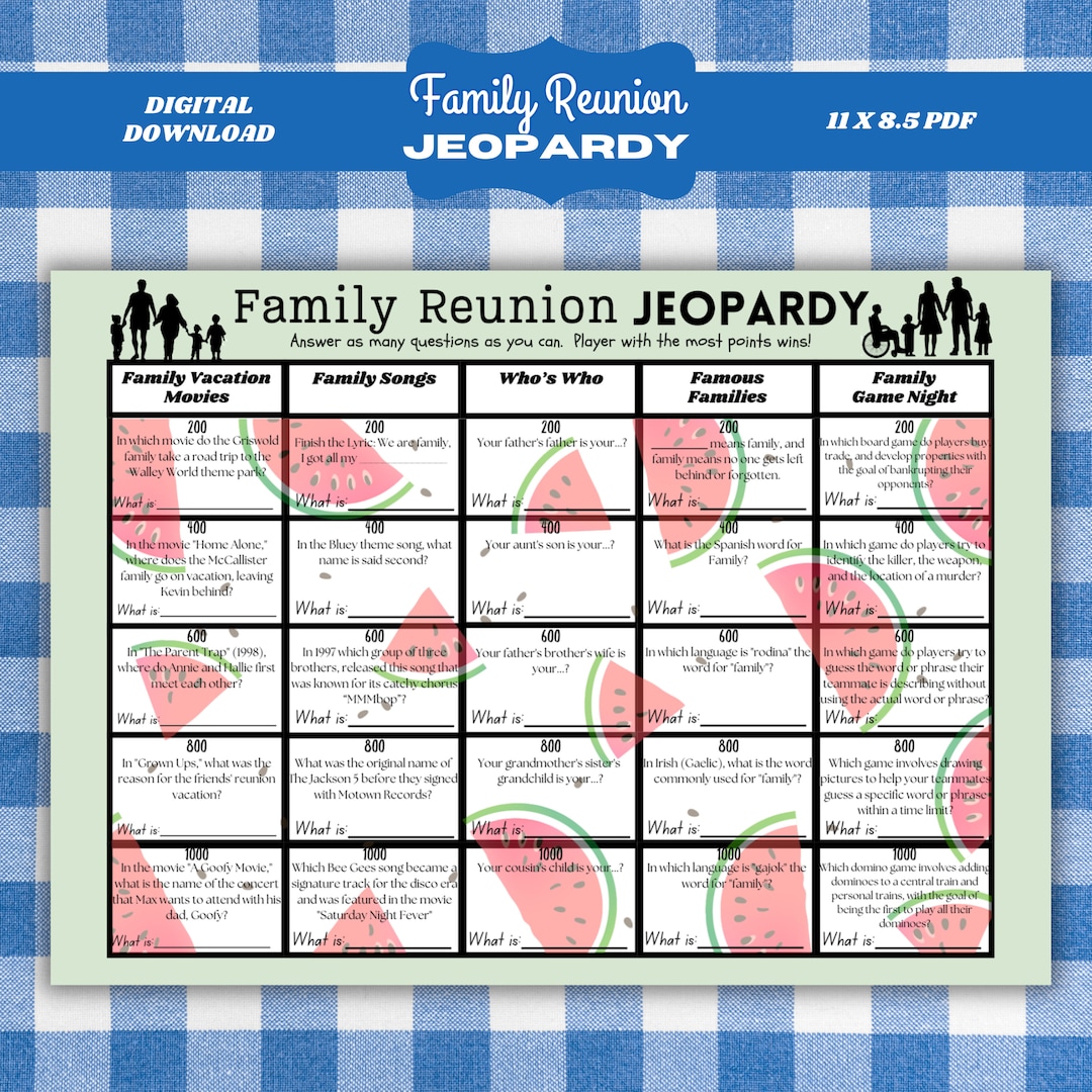 Family Reunion Jeopardy Trivia Game for Kids and Adults Watermelon ...
