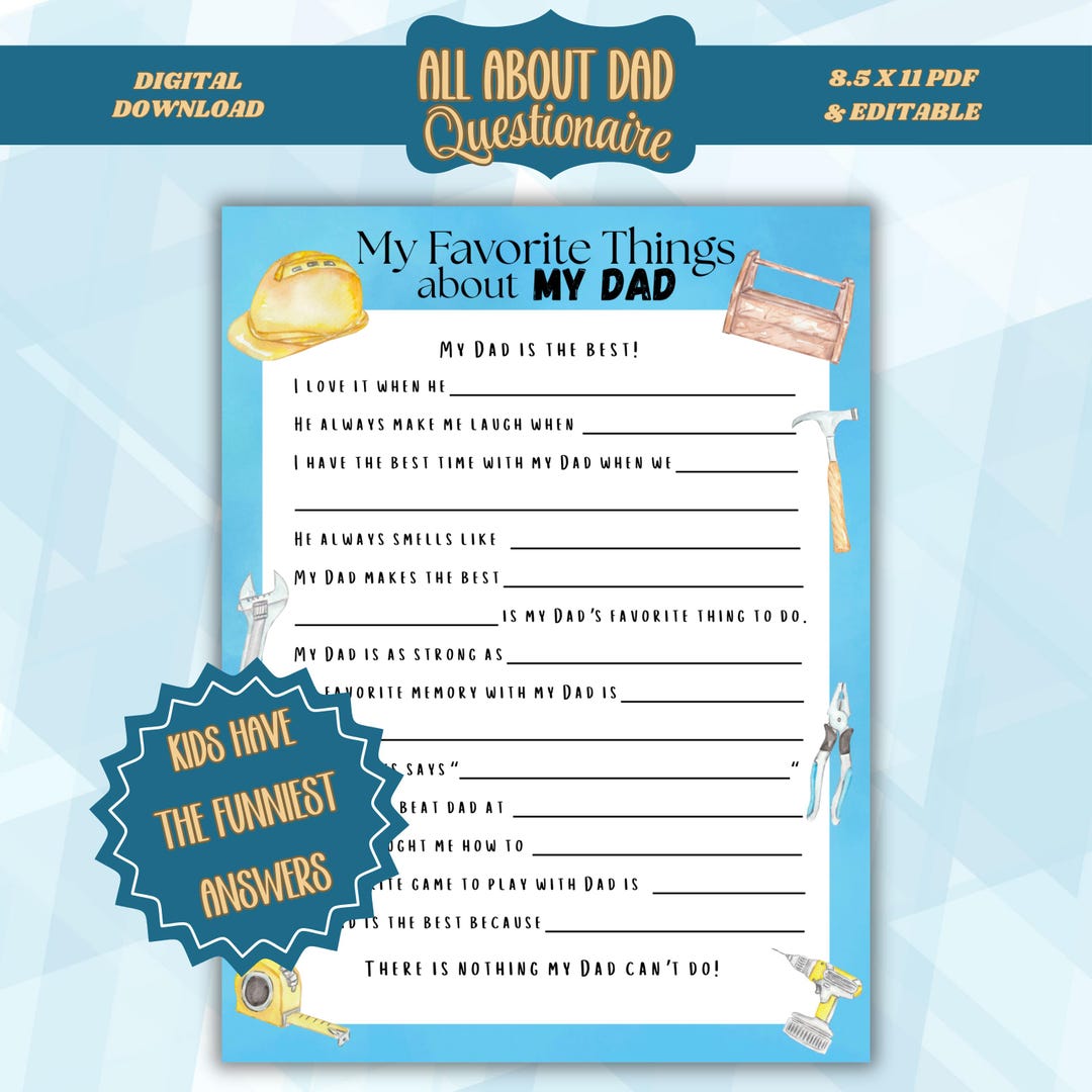 All About Dad Questionnaire for Kids Craft- Fathers Day Birthday Gift ...