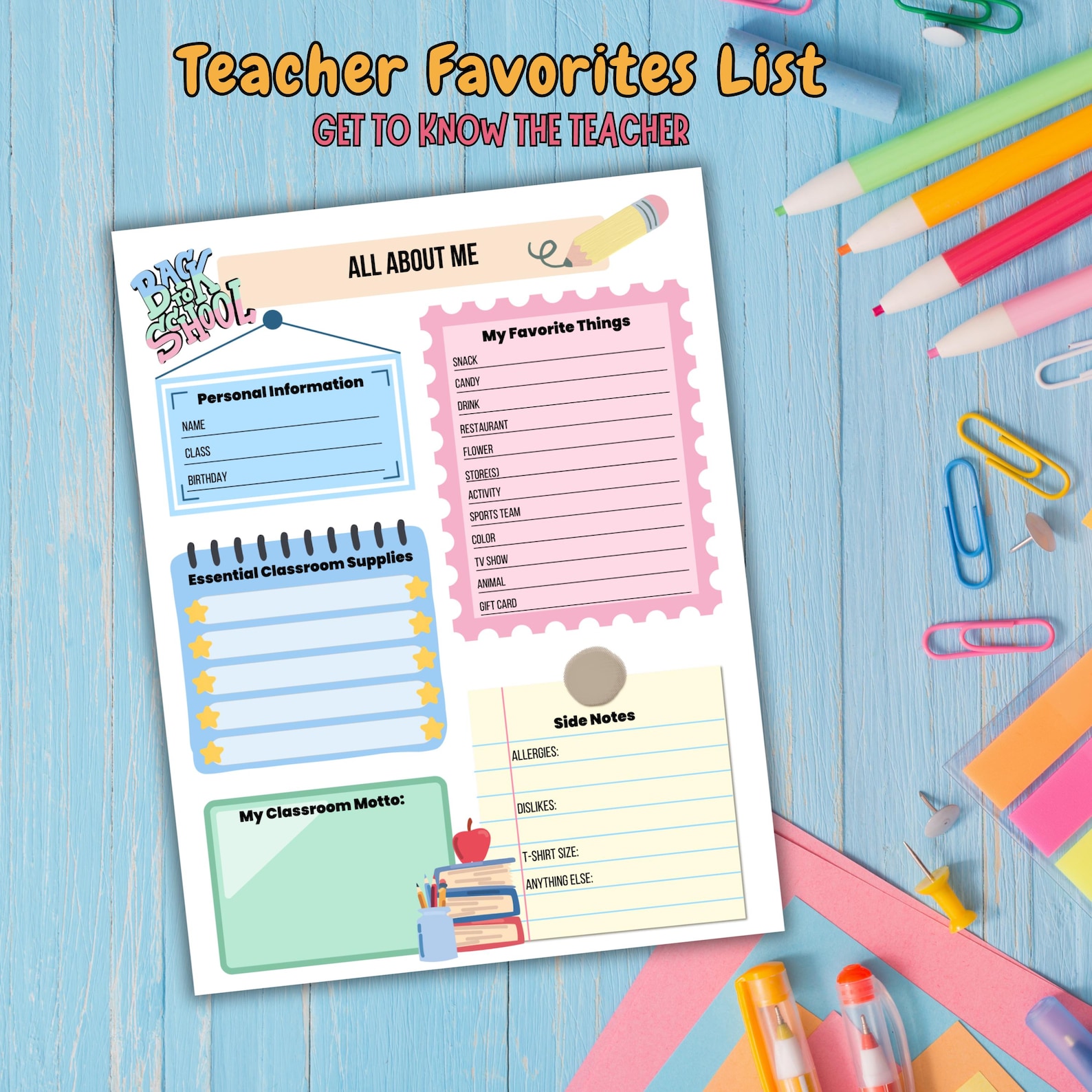 Teacher Favorites List Printable, Get to Know Your Teacher (PDF) - Etsy