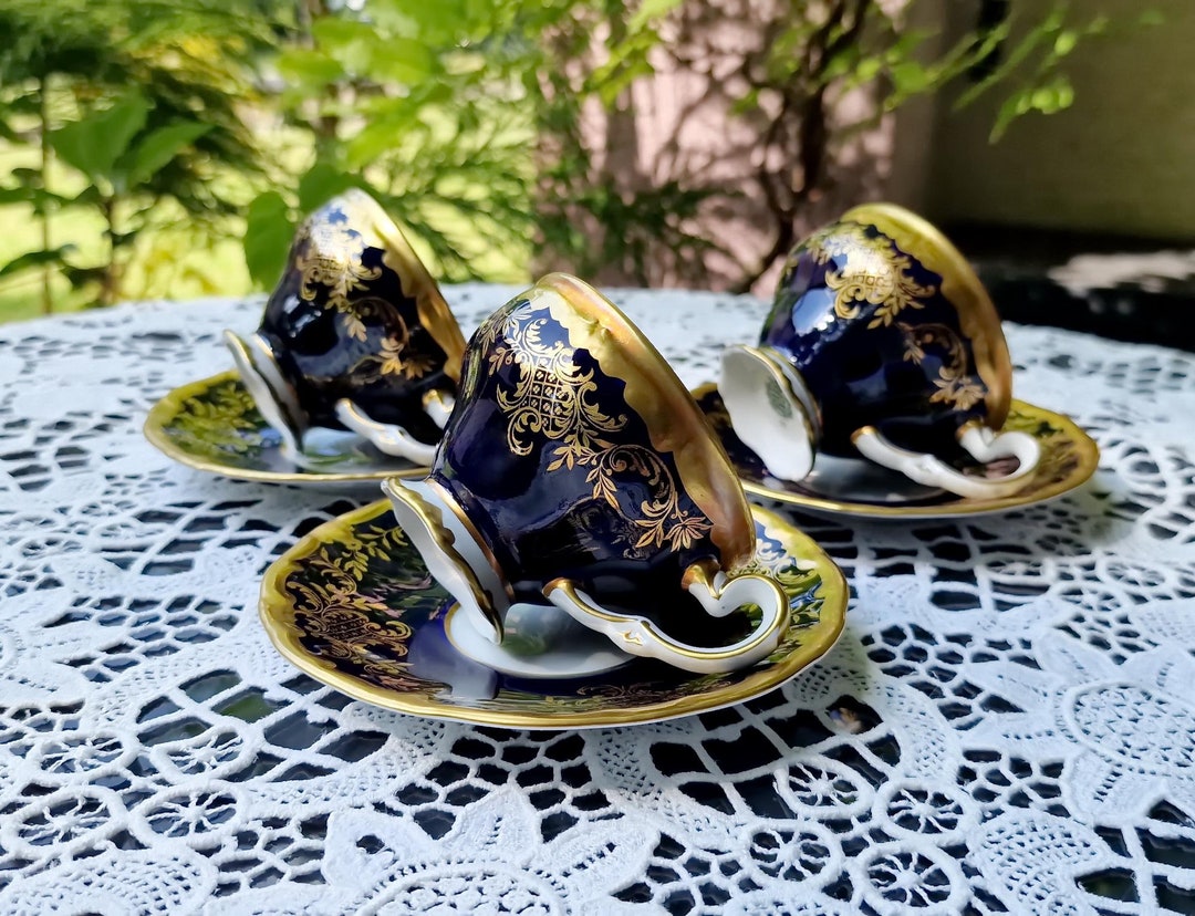 1970s Cobalt Blue and Gold Tea Cup Duo 1 of 3 Weimar German Porcelain ...