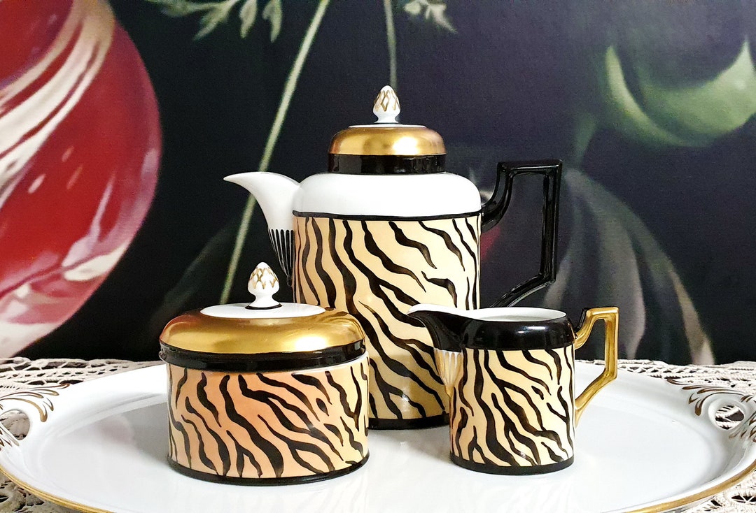 FURSTENBERG Hand Painted Teapot Set - Tiger Print Tea Set - Teapot ...