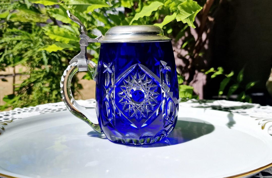 Vintage COBALT BLUE Beer Tankard - Cut to Clear Crystal Glass ...
