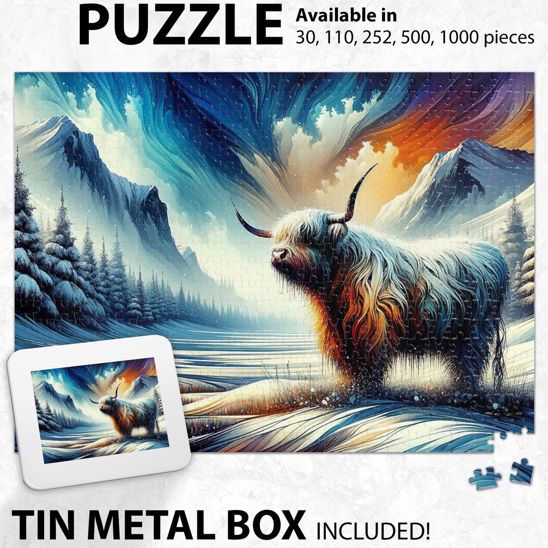 Puzzle, Hairy Scottish Highland Cow Water Ink Jigsaw Puzzle, Unique ...