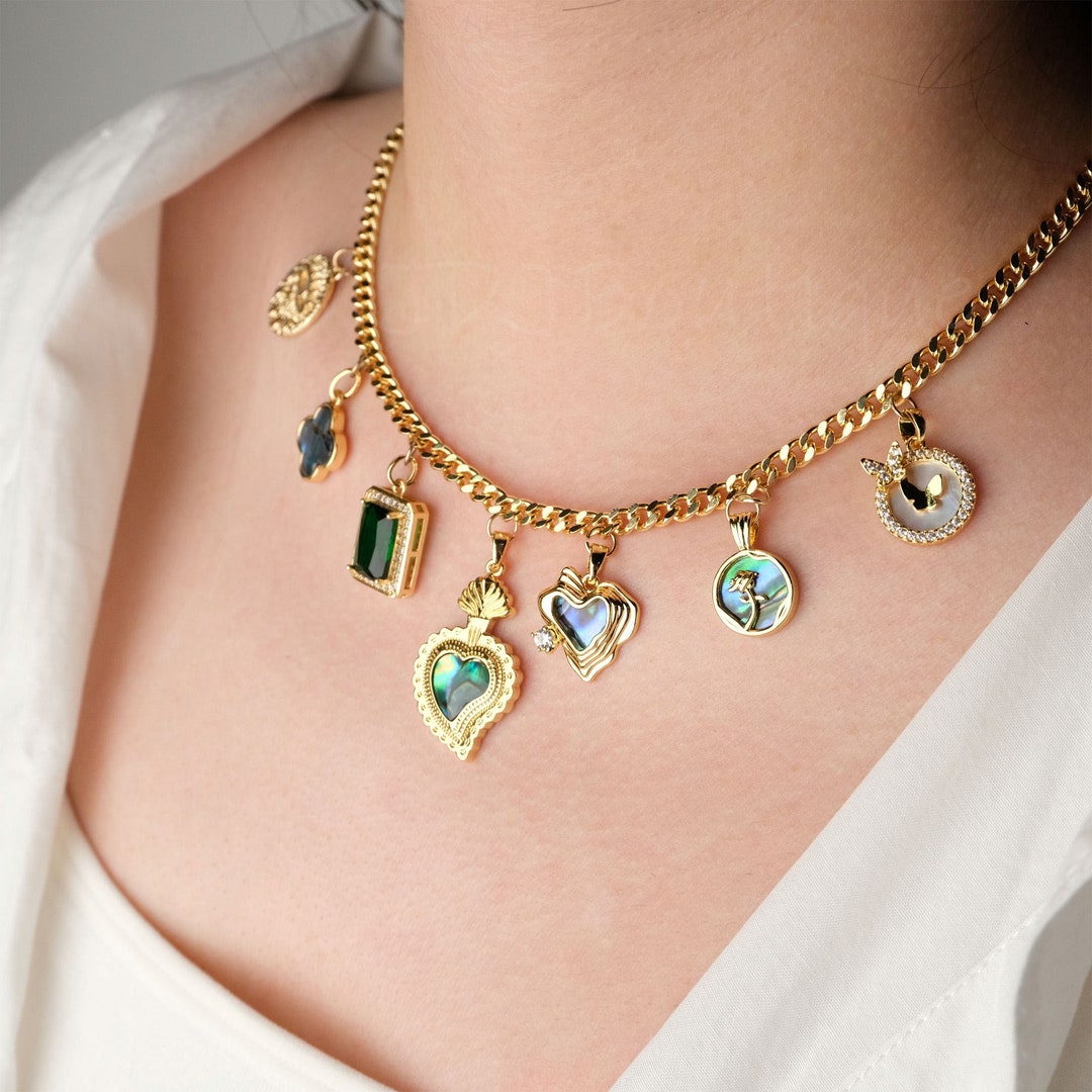 Gold Custom Charm Necklace, Chunky Chain Charm Necklace, Summer Jewelry ...