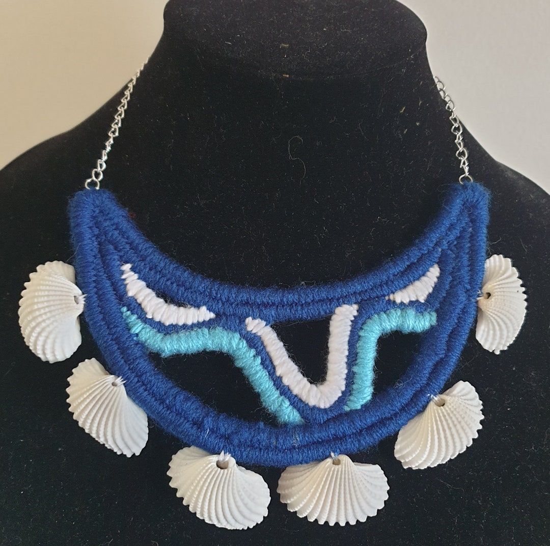 Handwoven Necklace With Shells Dark Blue White and Light - Etsy
