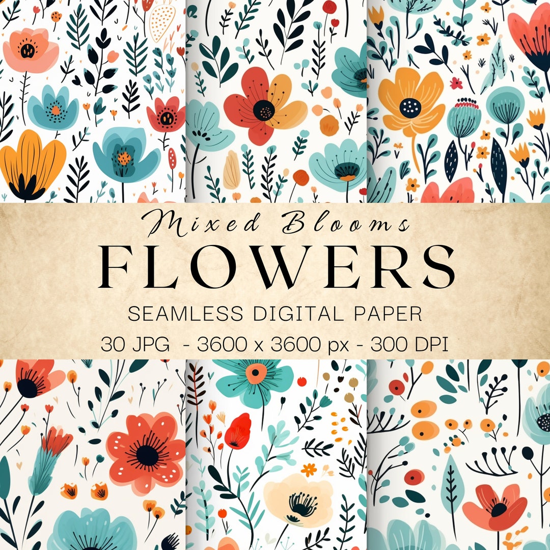Mixed Blooms Digital Paper, Floral SEAMLESS Pattern, Flowers Background ...
