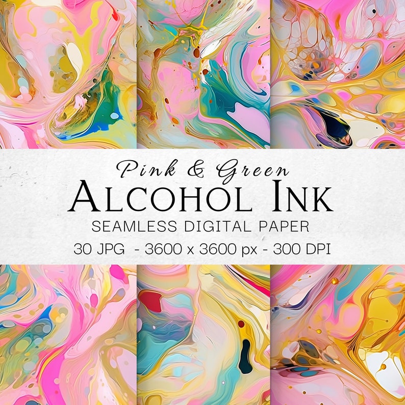 Pink & Green Alcohol Ink Seamless Digital Papers, 30 Designs, 12x12in ...