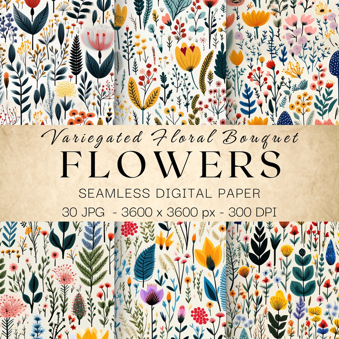 Variegated Floral Bouquet Digital Paper, SEAMLESS Pattern, Flowers ...