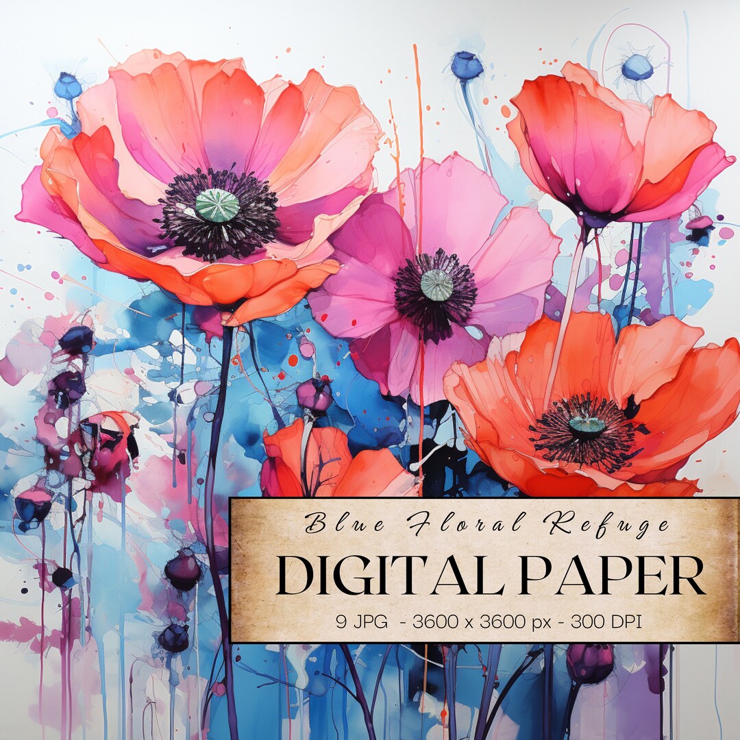 Blue Floral Refuge, Flowers Background Digital Papers, Flowers Texture ...