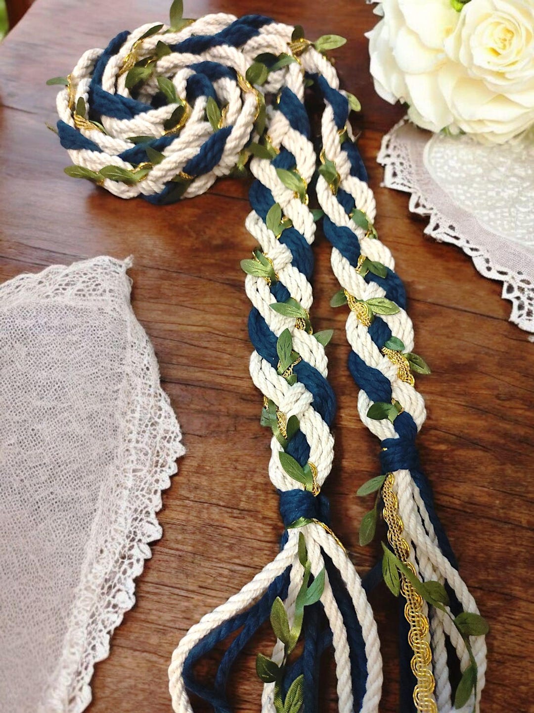 Personalized Celtic Handfasting Cord With Green Leaves Handfasting