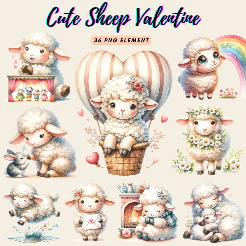 Cute Valentine Sheep Clipart, Valentine Watercolor Clipart, Baby Sheep ...