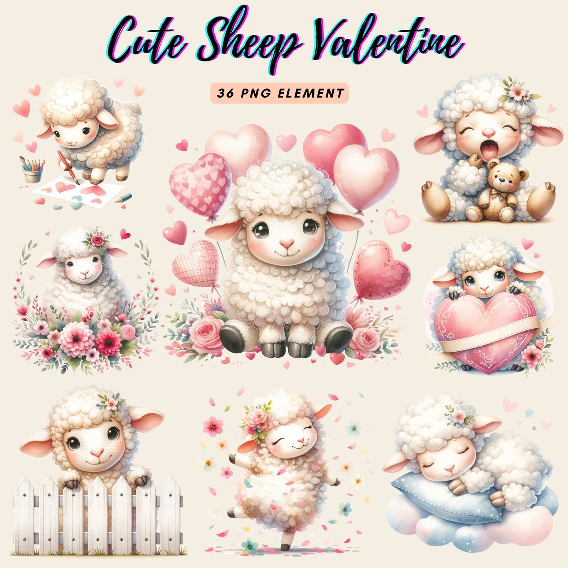 Cute Valentine Sheep Clipart, Valentine Watercolor Clipart, Baby Sheep ...