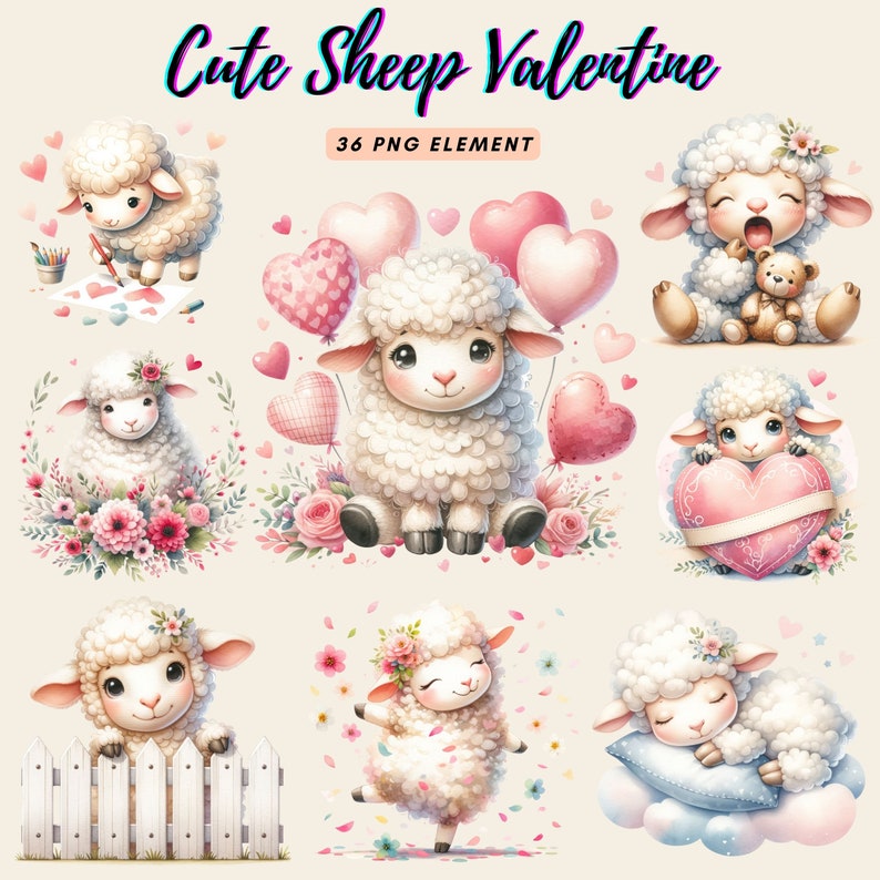 Cute Valentine Sheep Clipart, Valentine Watercolor Clipart, Baby Sheep ...