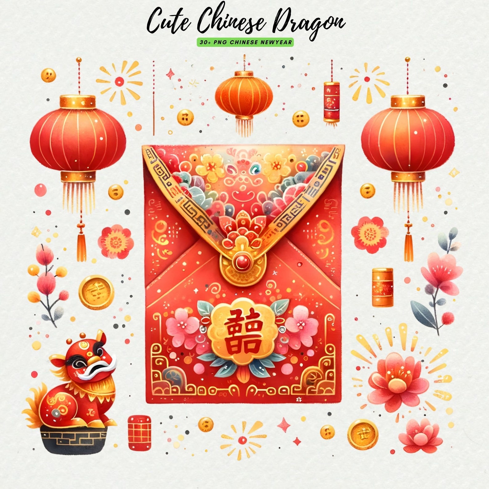 2024 Cute Dragon Clipart, Chinese New Year Watercolor Clipart, Baby ...