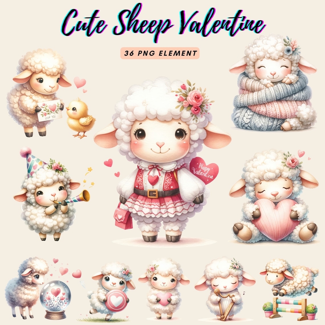 Cute Valentine Sheep Clipart, Valentine Watercolor Clipart, Baby Sheep ...