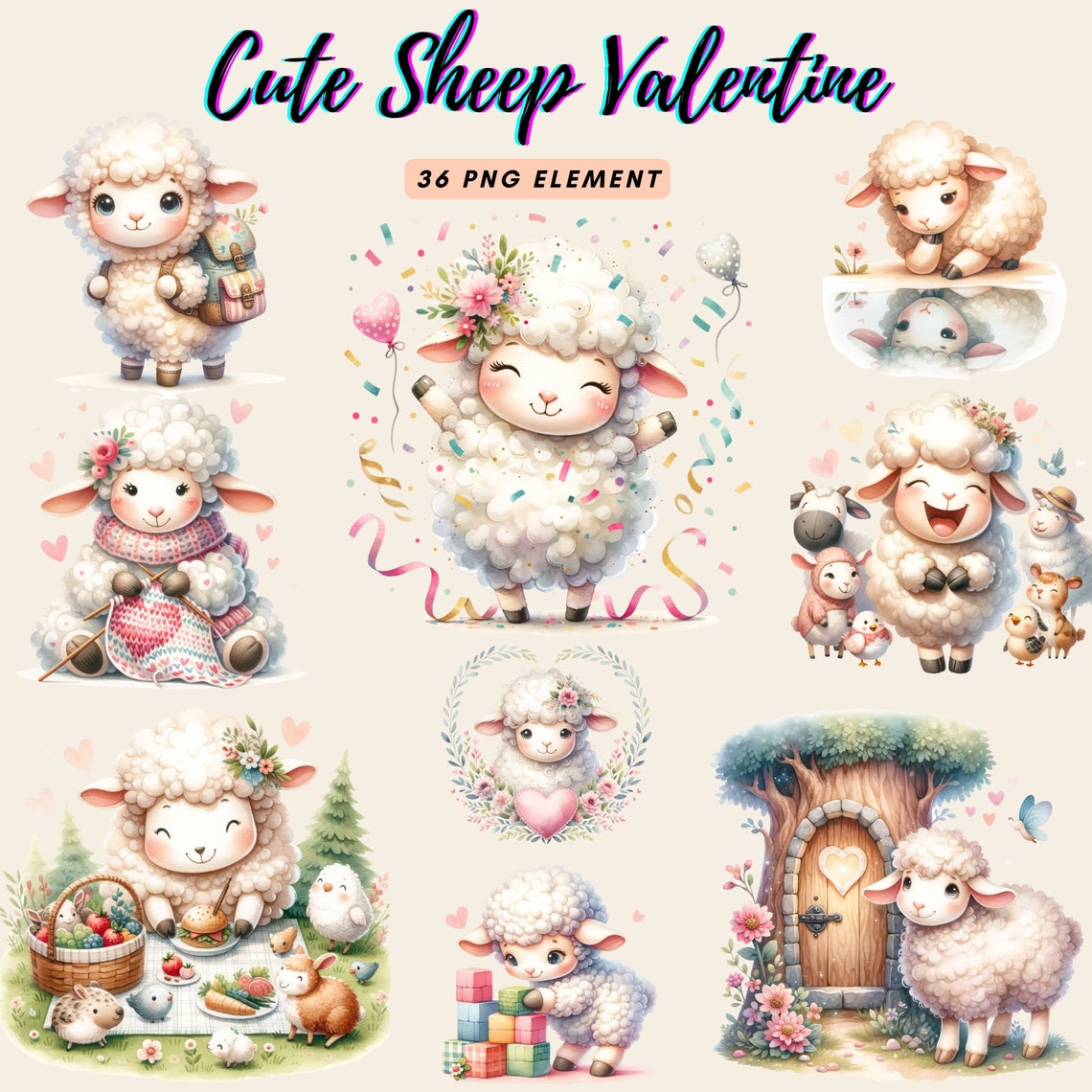 Cute Valentine Sheep Clipart, Valentine Watercolor Clipart, Baby Sheep ...