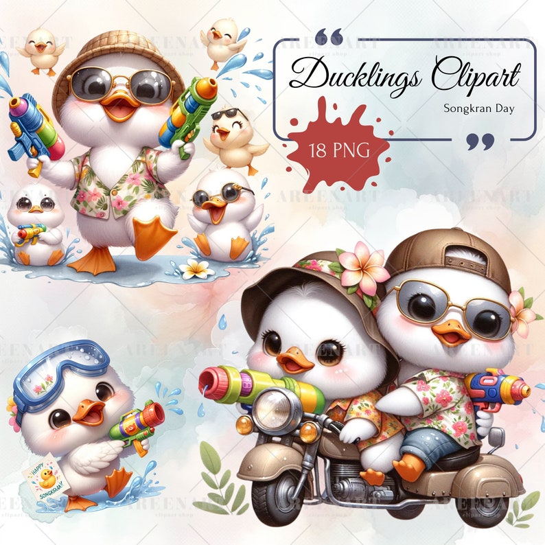 Cute Songkran Duck Watercolor Clipart, Couple Duck, Duck Clipart Gift ...