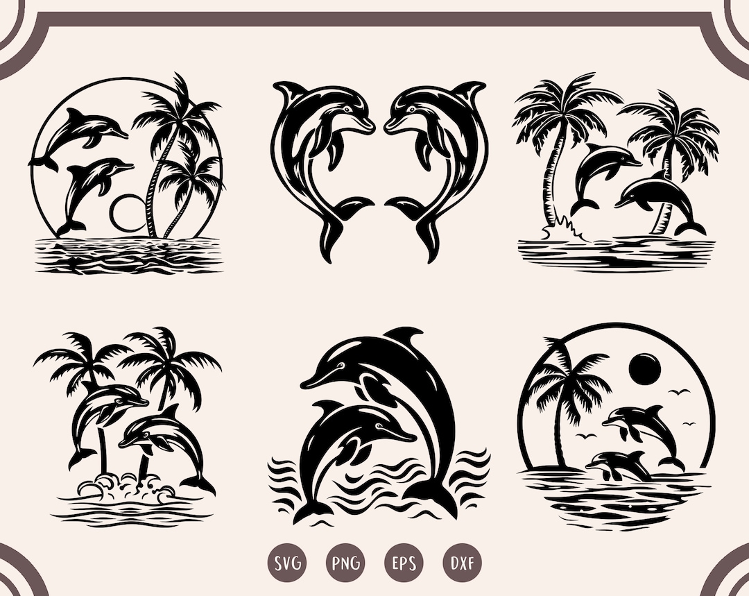 Dolphin Svg Bundle, Beach Sunset Palm Trees, Dolphin Silhouette ...