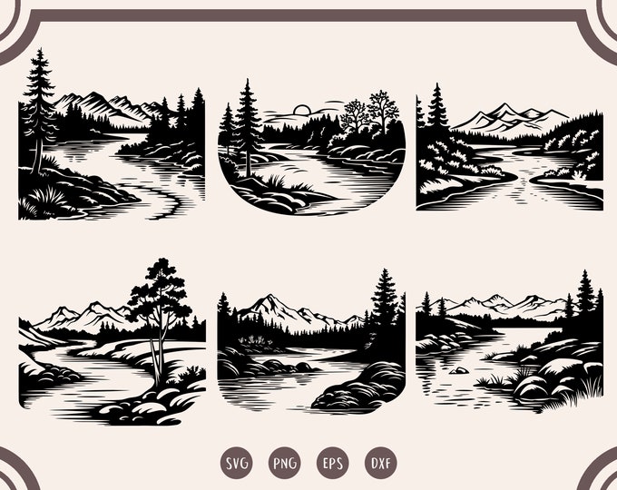 River Scene Bundle Custom Svg Png Jpeg Eps Dxf Bundle Silhouette Cricut ...