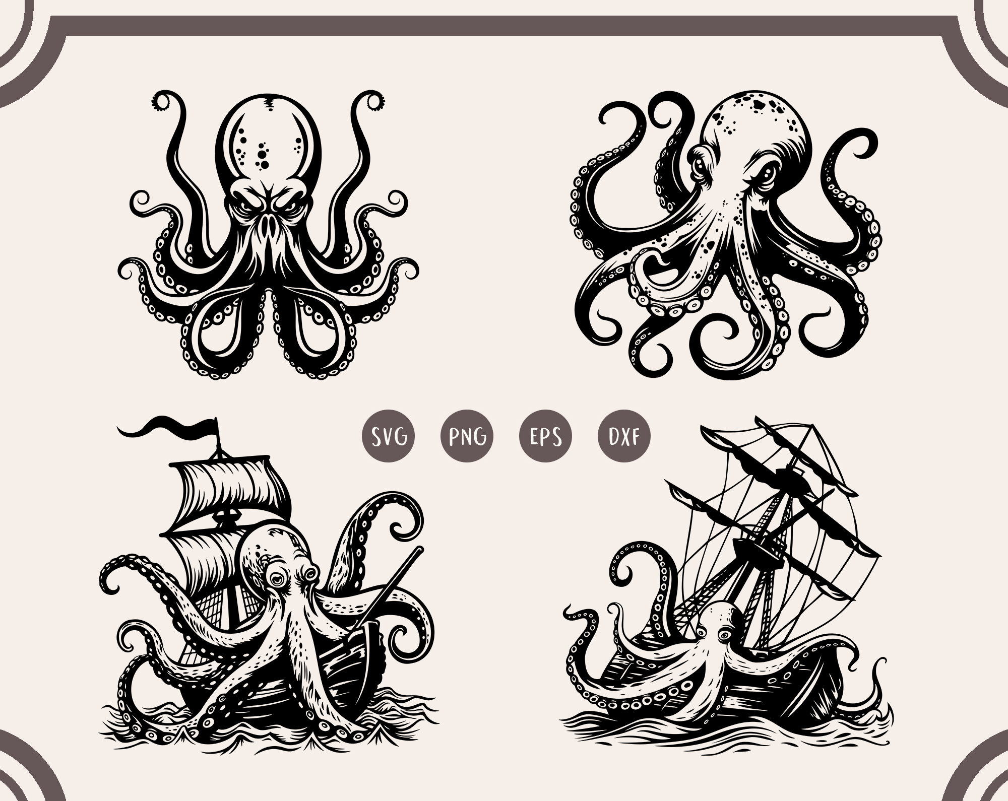 Kraken Svg Bundle, Shipwreck Octopus Clipart, Sea Monster Illustration ...