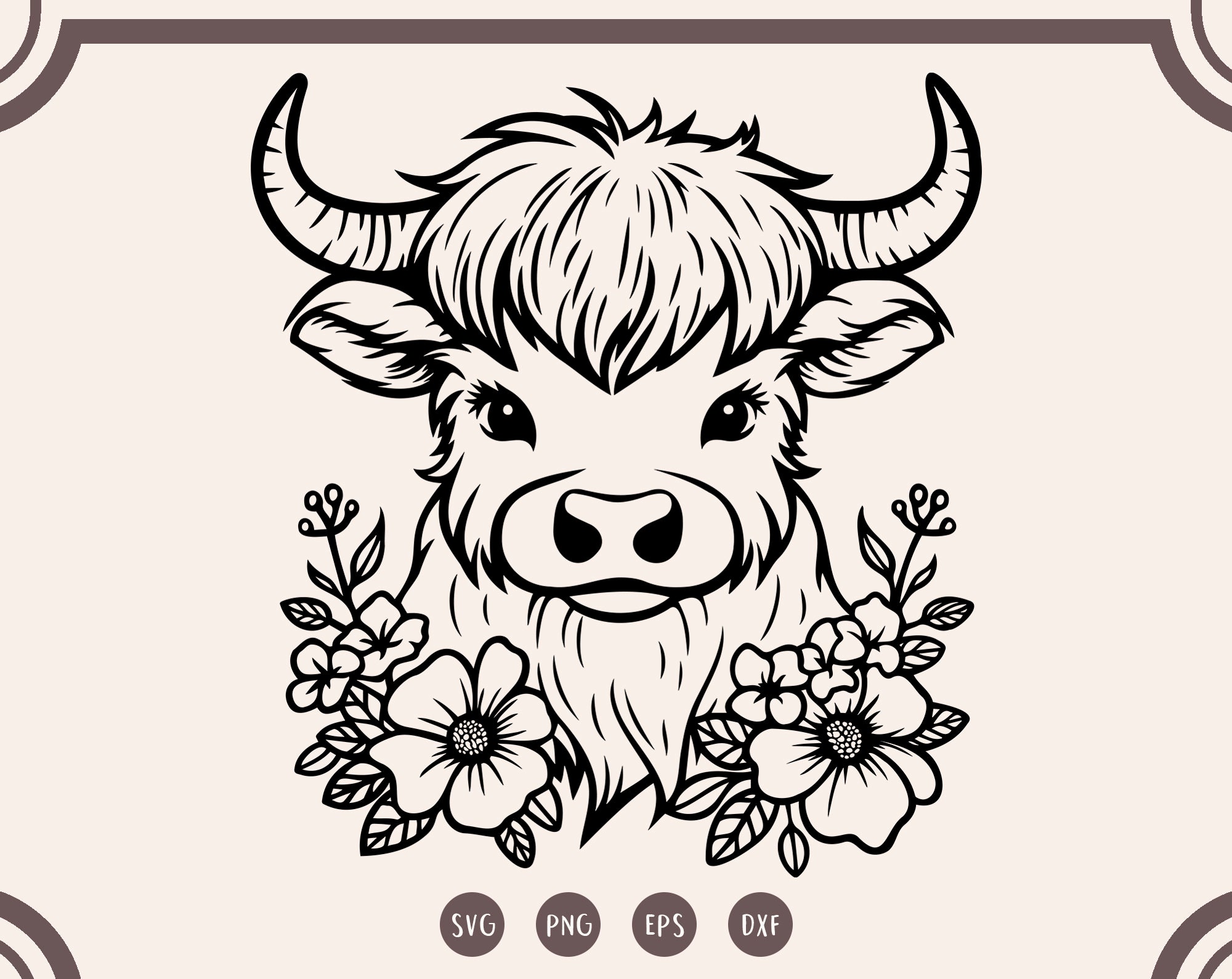 Floral Highland Cow Svg, Highland Cow With Flower Clipart, Cow Floral ...