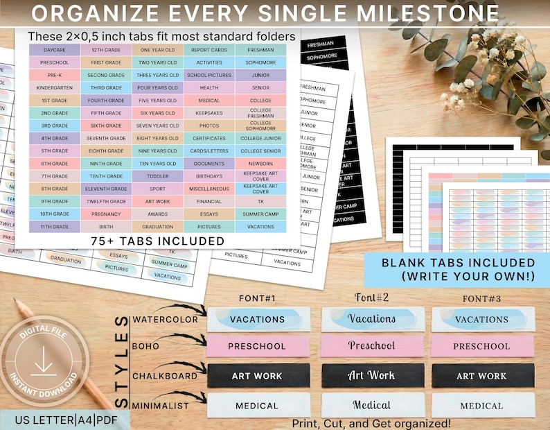 Printable Memory Box Tabs & File Dividers | DIY School Milestone Tote ...