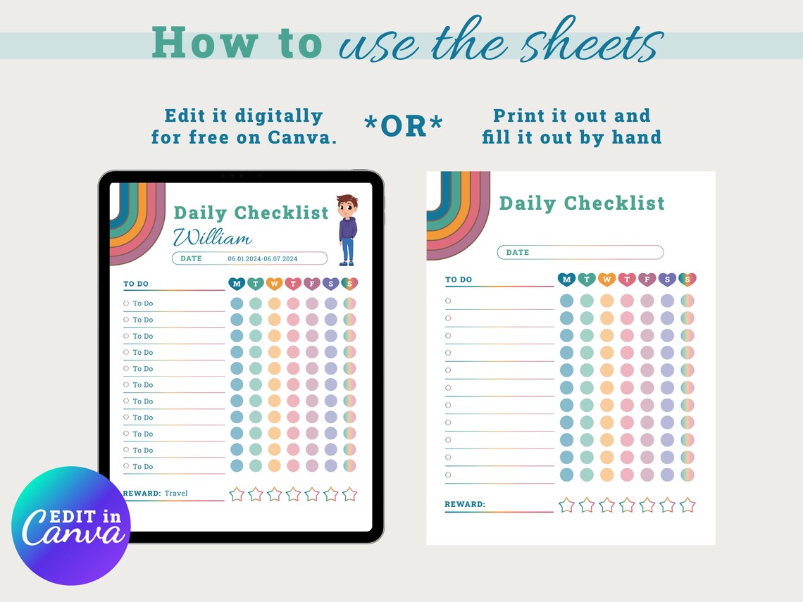 Editable Daily Checklist Template: Printable Reward Chart (PDF, LETTER ...