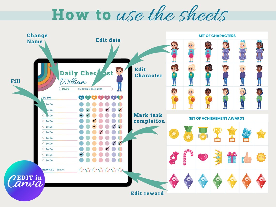 Editable Daily Checklist Template: Printable Reward Chart (PDF, LETTER ...